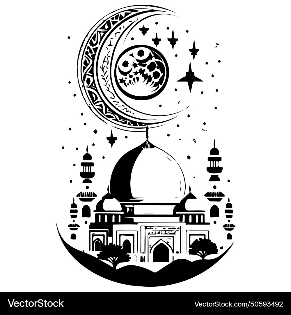 Ramadan kareem moon mosque sketch draw Royalty Free Vector