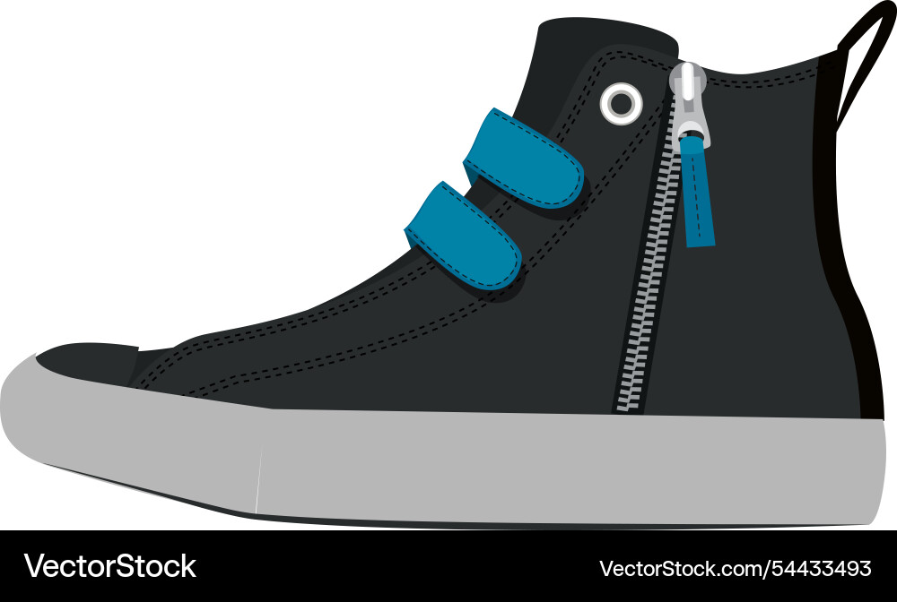 A black shoe with blue strap and silver zipper Vector Image