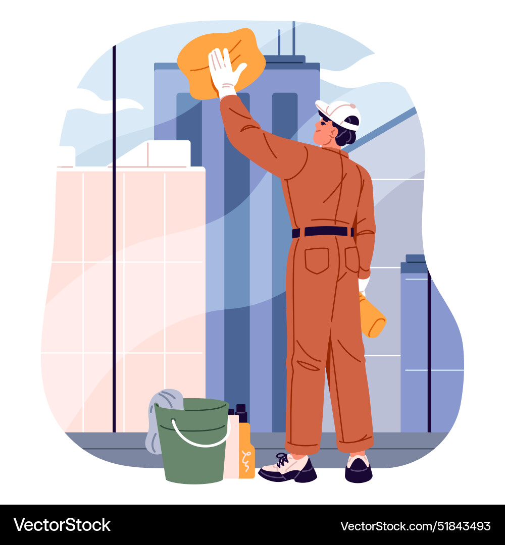 Housekeeping worker wipes window inside house Vector Image