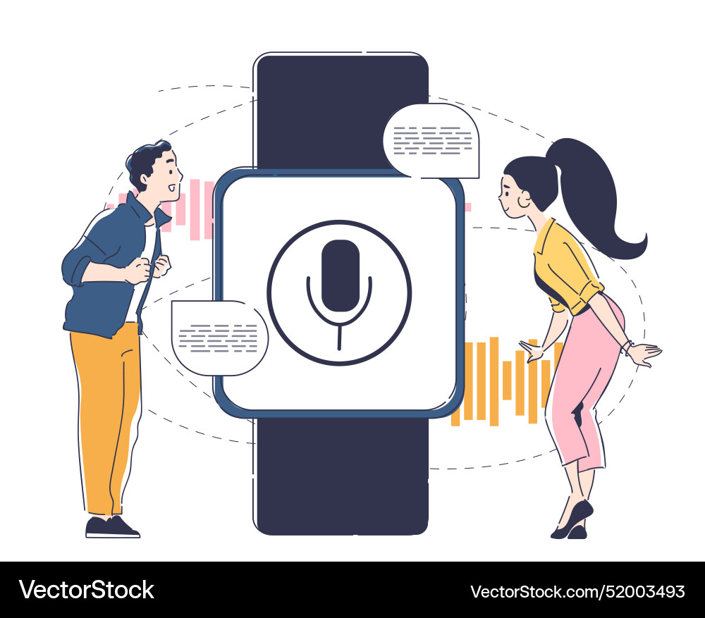 Users translating speech man and woman near smart Vector Image