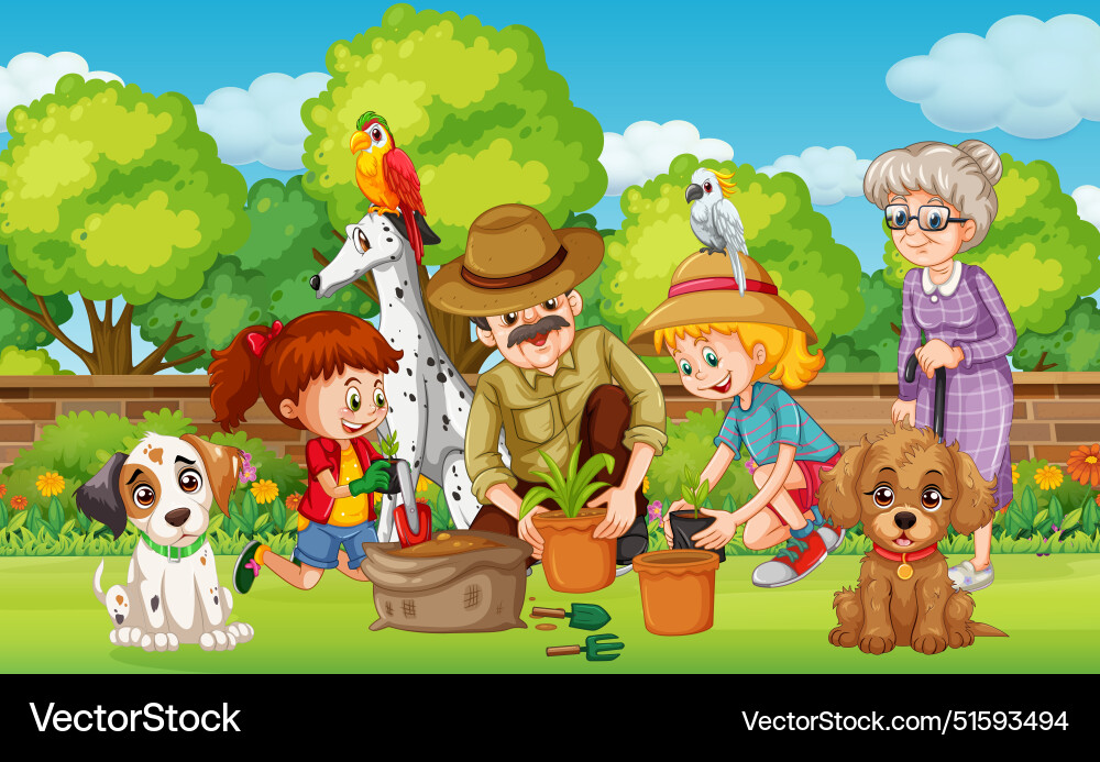 Family and pets enjoying gardening together Vector Image