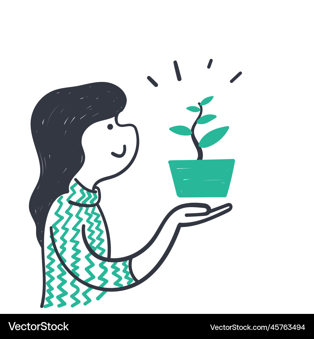 Hand Drawn Doodle Woman Holding A Plant In Pot Vector Image