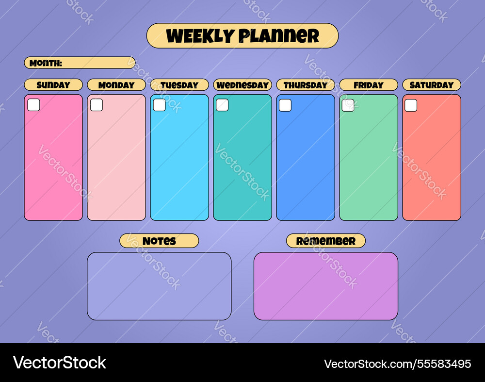 Colorful weekly planner template with notes Vector Image