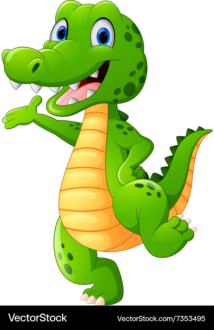 Funny crocodile standing and posing with hand wavi