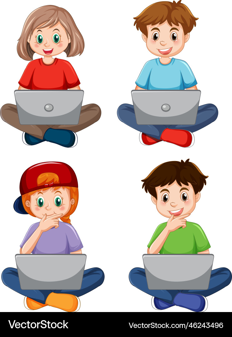 Cartoon kids using laptops for online learning Vector Image
