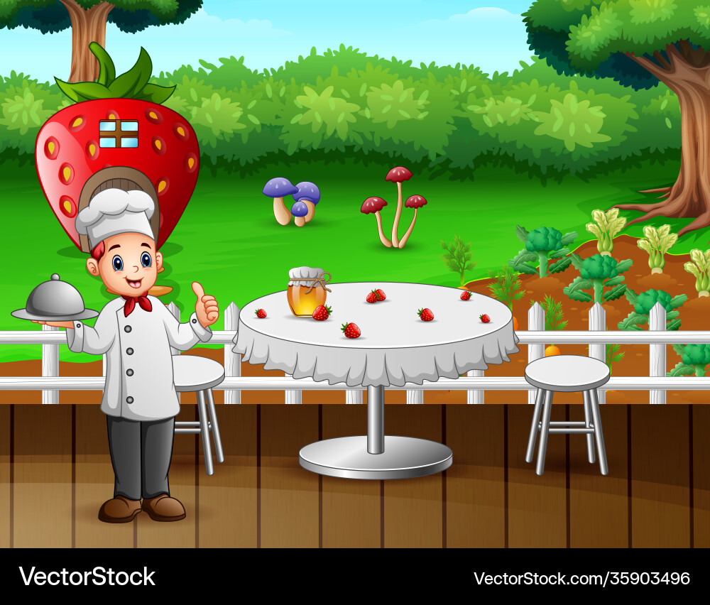 Chef brings food to restaurant table Royalty Free Vector