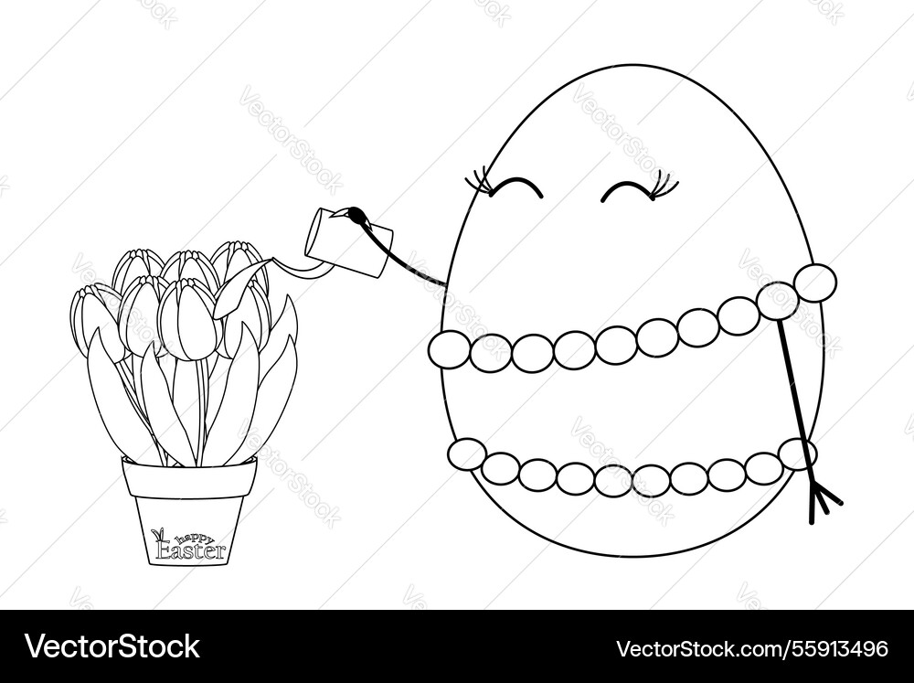 Cute easter egg watering tulips coloring page Vector Image