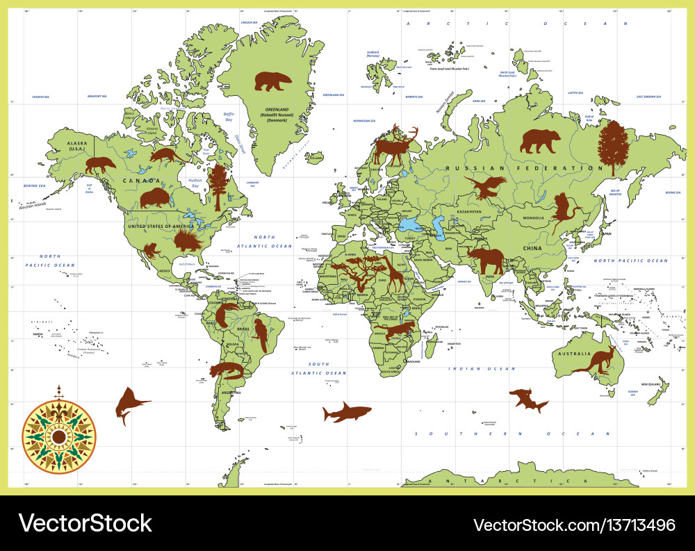 Detailed World Map with Animals Royalty Free Vector Image