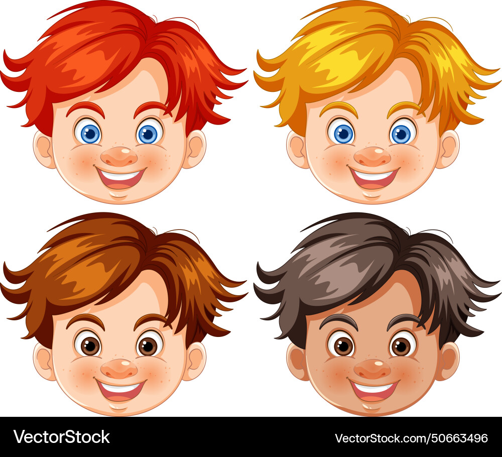 Four cartoon boys smiling with different Vector Image