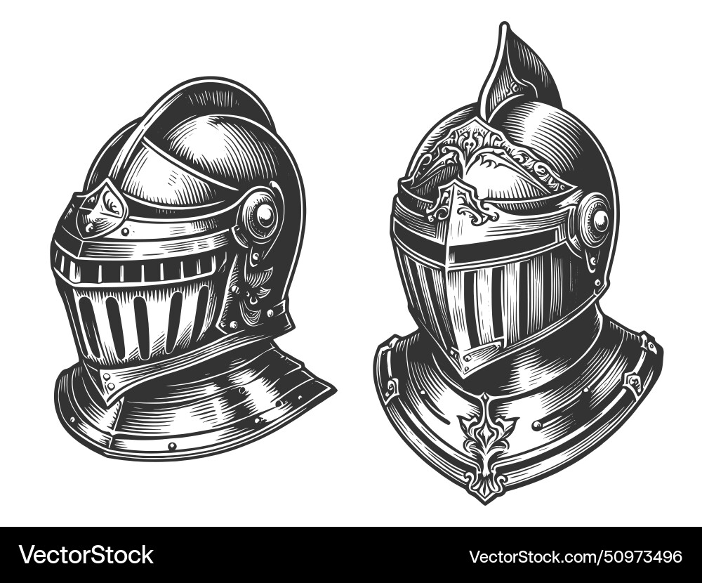 Medieval knight helmets engraving Royalty Free Vector Image
