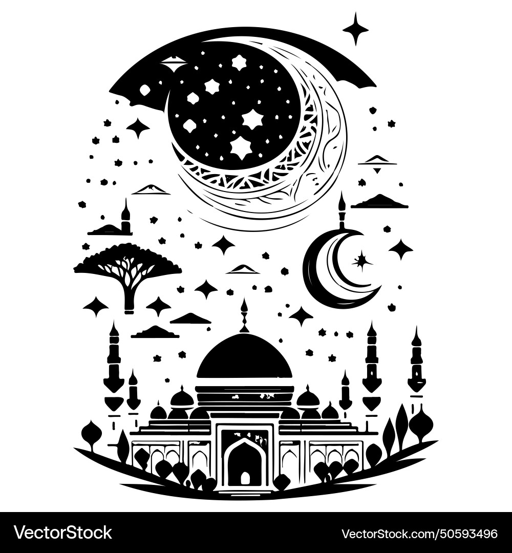 Ramadan kareem moon mosque sketch draw Royalty Free Vector