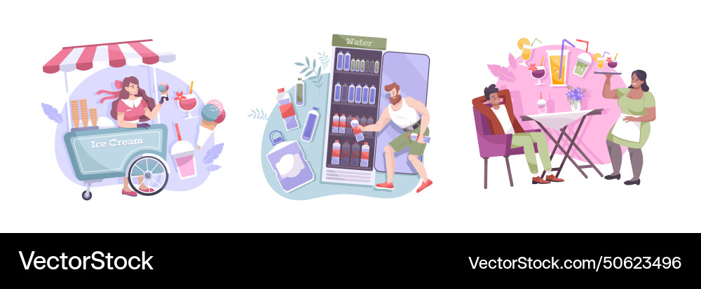 Three flat cool drink composition icon set Vector Image