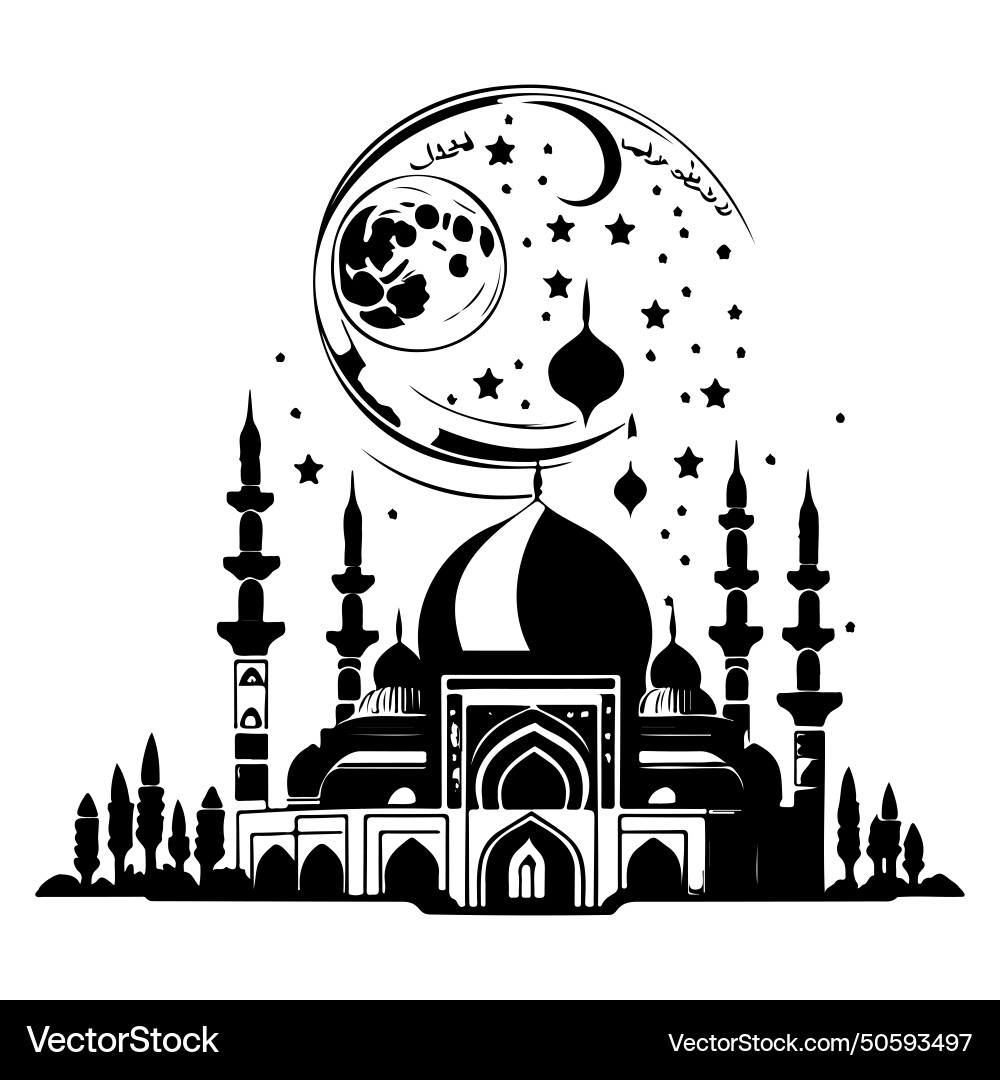 Ramadan kareem moon mosque sketch draw Royalty Free Vector