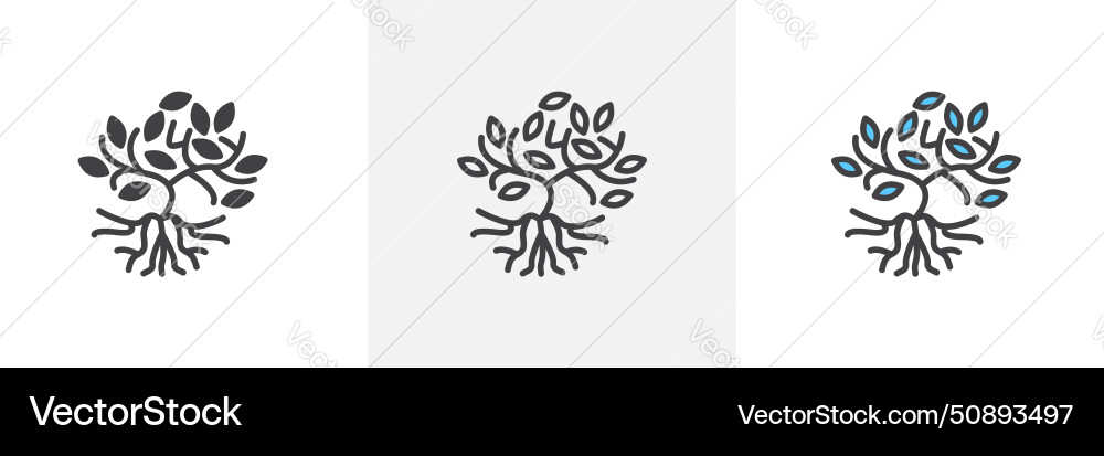 Tree with roots and leaves icon set root leaf Vector Image