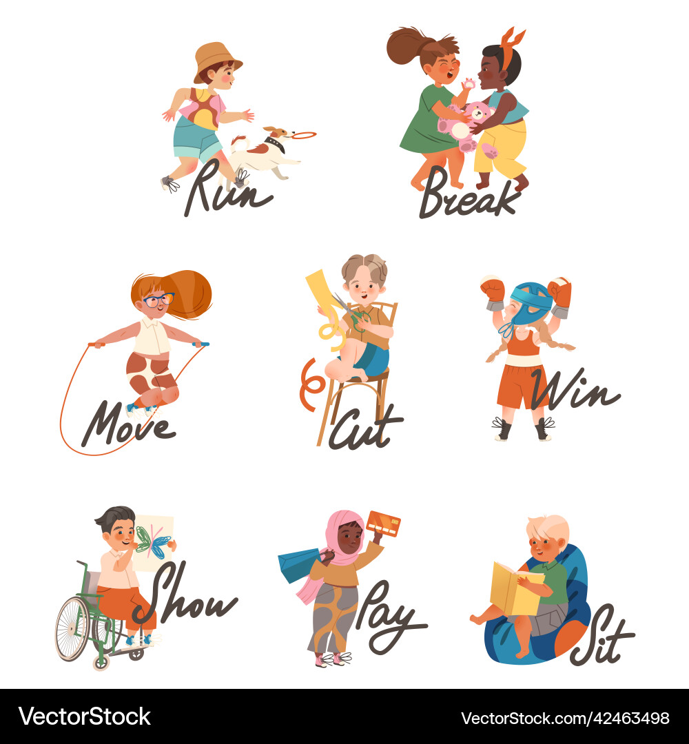 Action verbs set run break move cut win show Vector Image