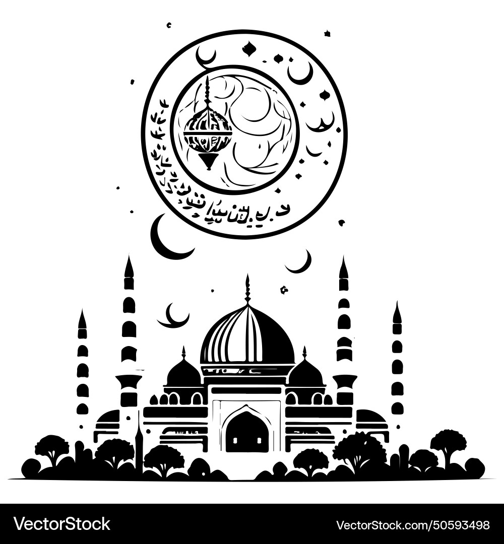 Ramadan kareem moon mosque sketch draw Royalty Free Vector