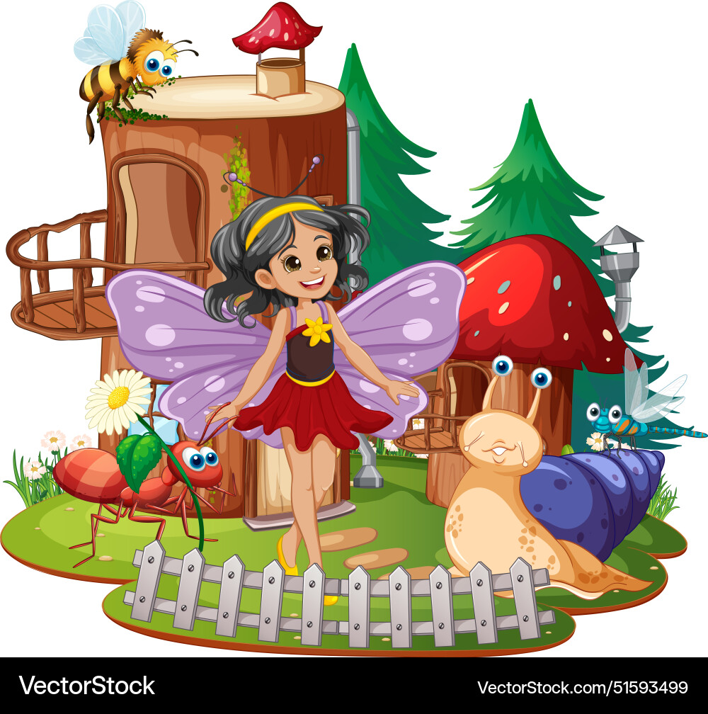 Fairy with insects in a whimsical forest Vector Image