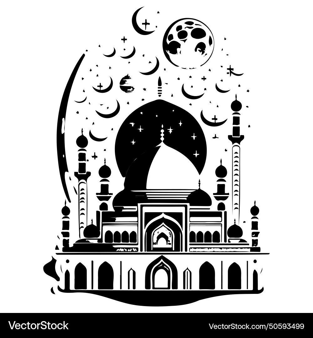 Ramadan kareem moon mosque sketch draw Royalty Free Vector