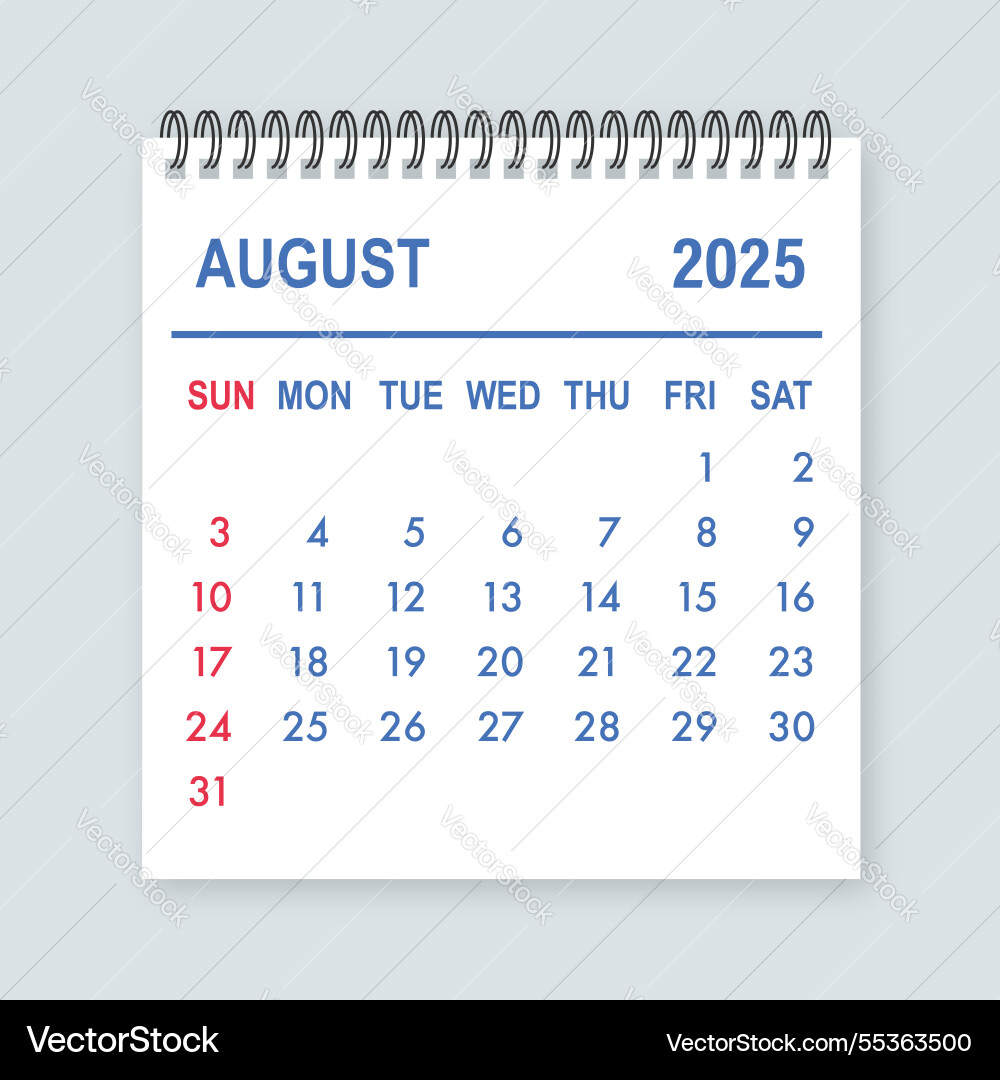 August 2025 calendar page showing days and weeks Vector Image