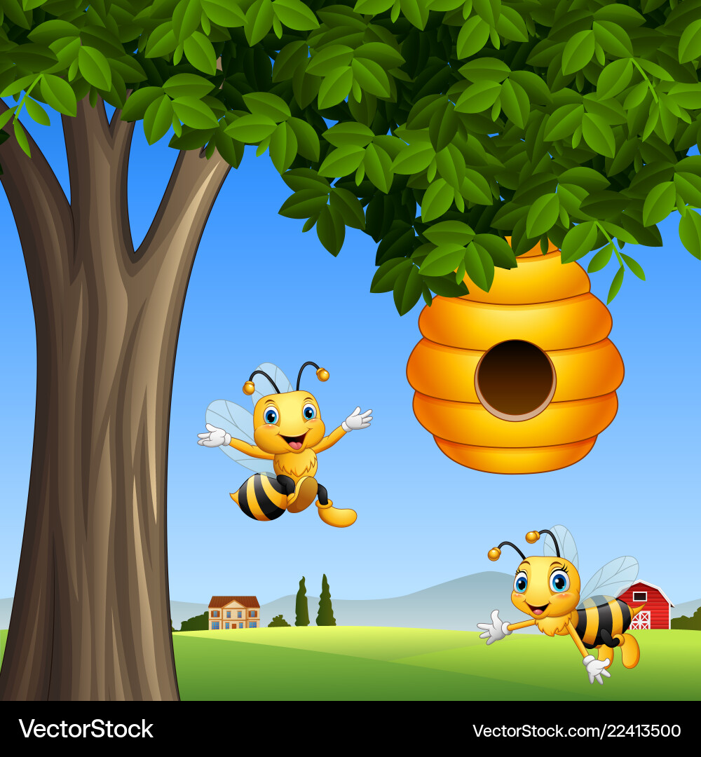 Cartoon bees with honey under a tree Royalty Free Vector