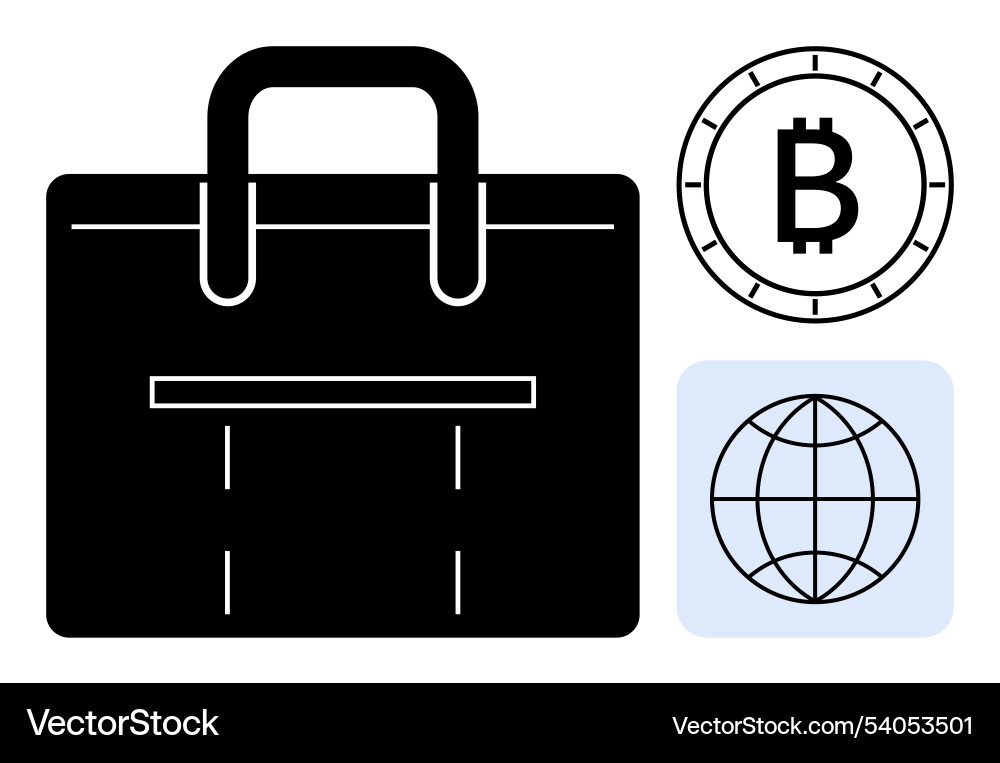 Business briefcase with bitcoin symbol and globe Vector Image