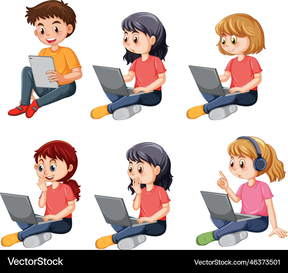 Cartoon kids using laptops for online learning Vector Image