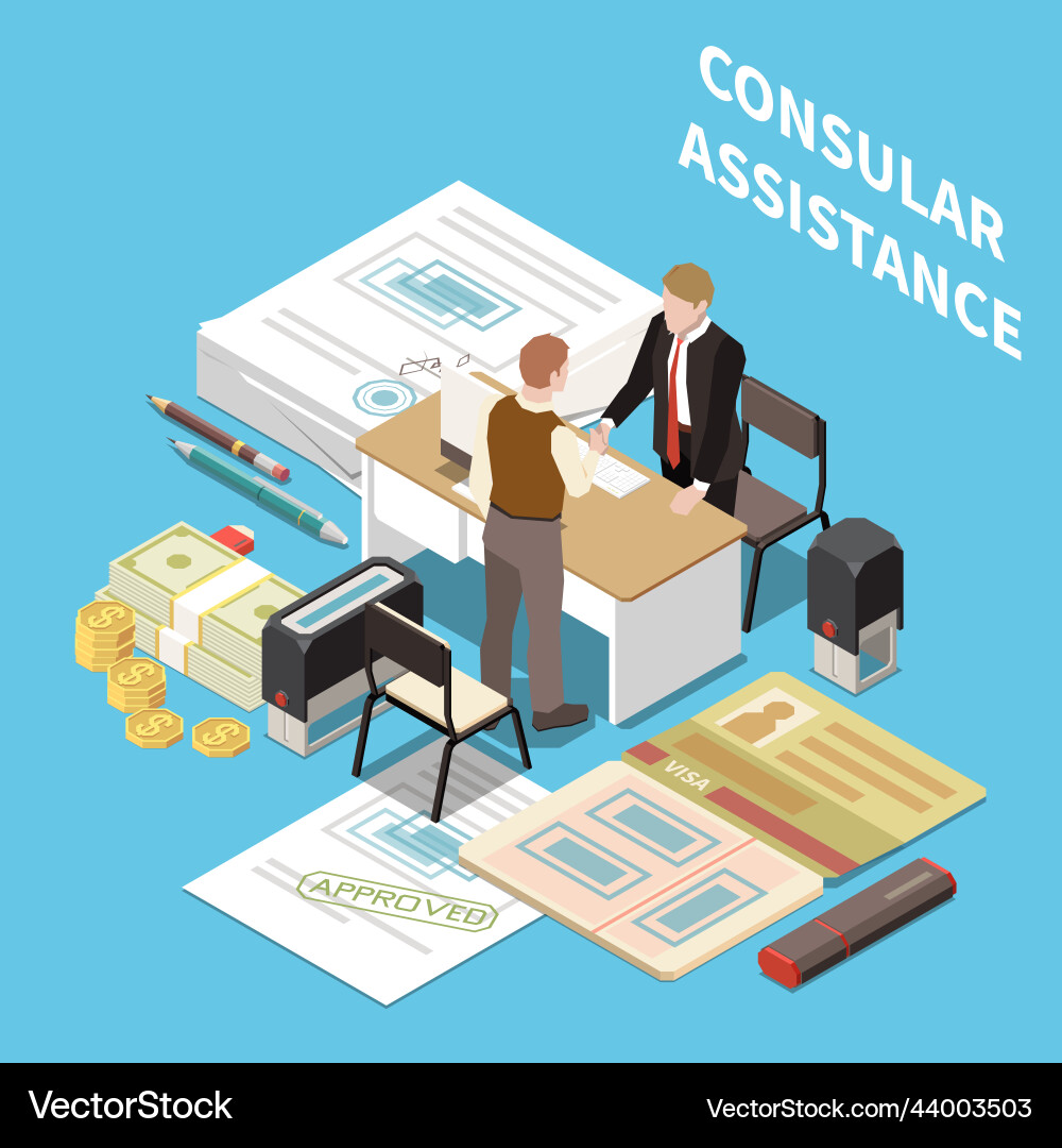Consular assistance isometric composition Vector Image