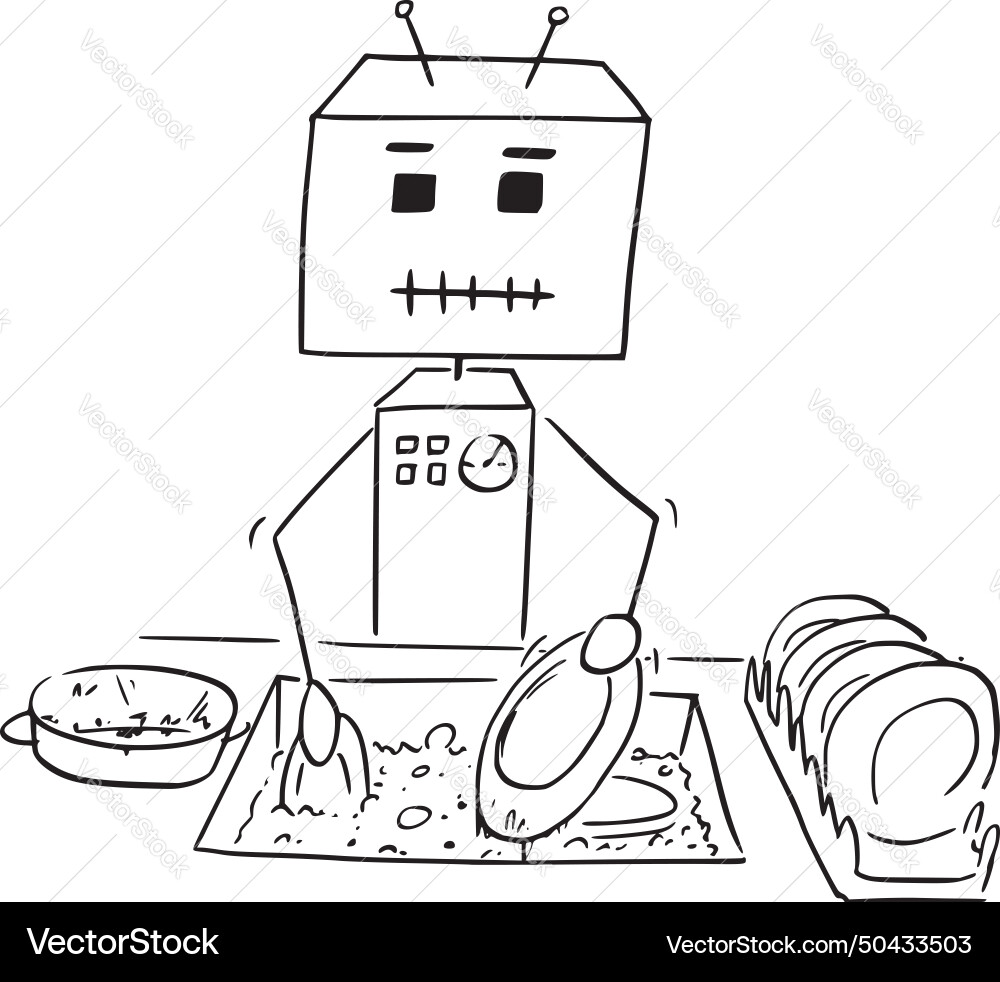 Robot washing dishes in kitchen cartoon stick Vector Image