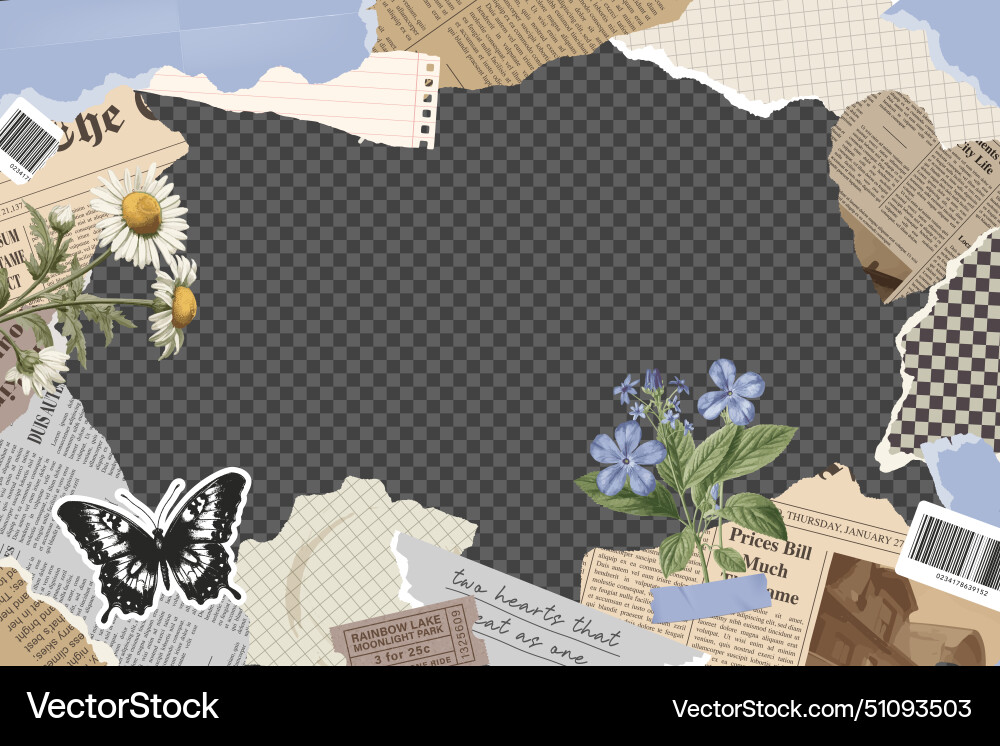 Torn newspaper retro flower butterfly stamp rip Vector Image