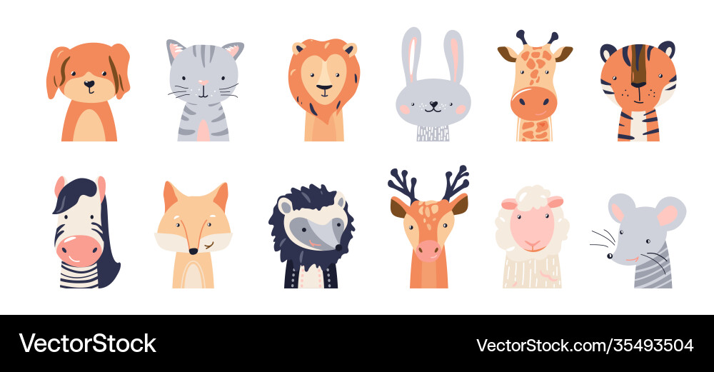 Adorable Animal Faces Set Royalty Free Vector Image