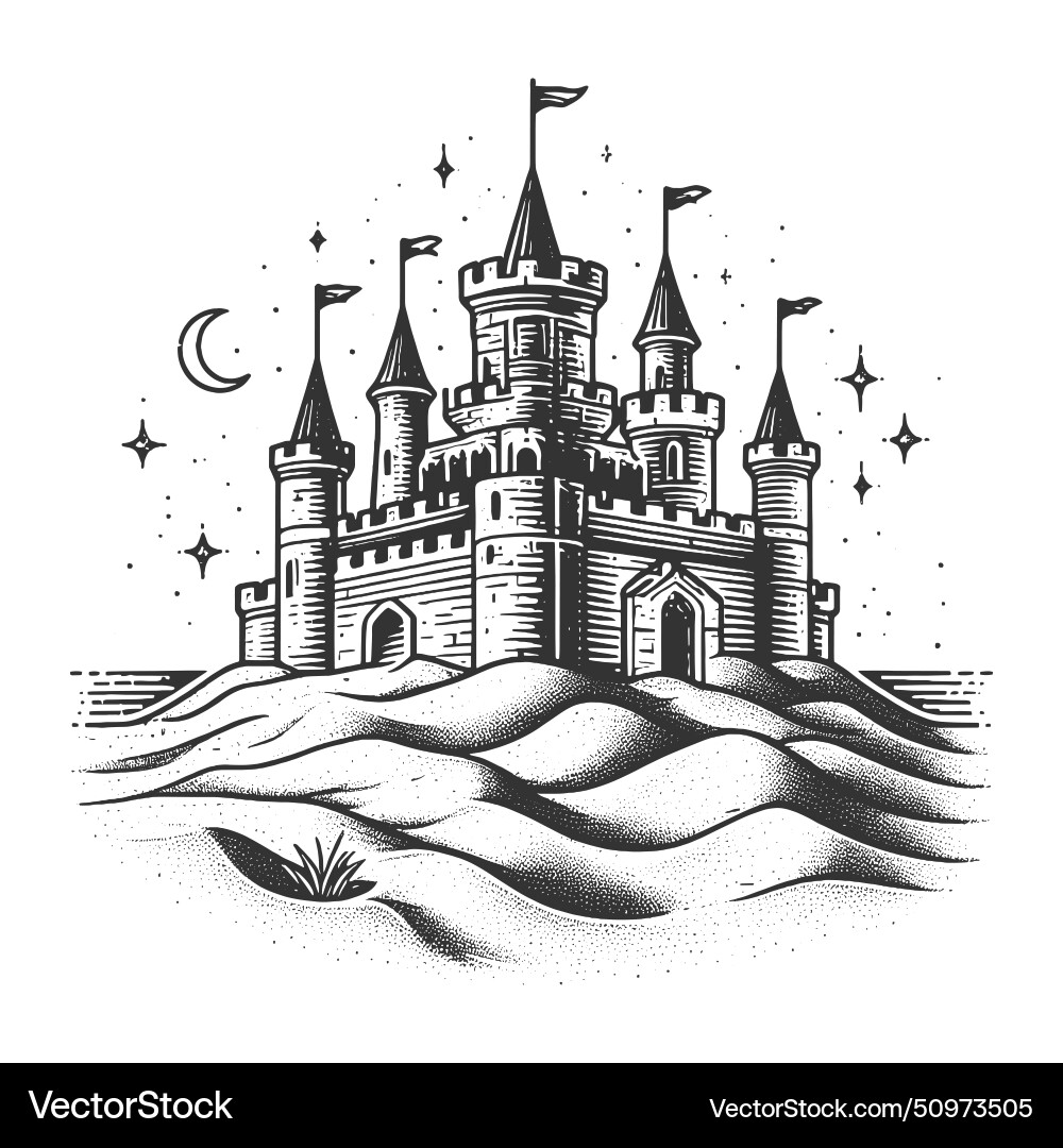Sand castle engraving sketch Royalty Free Vector Image