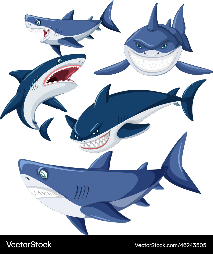 Shark doing different activities cartoon Vector Image