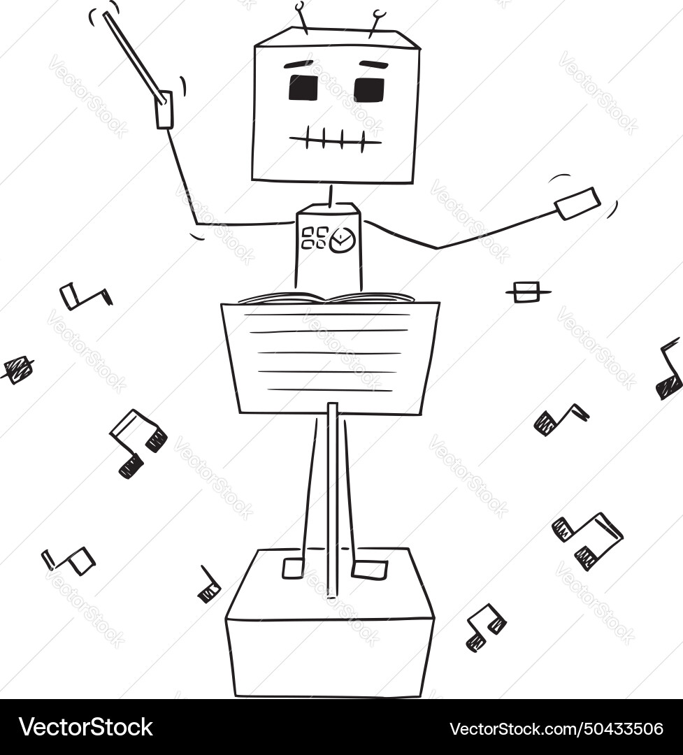 Robot conductor leading orchestra cartoon stick Vector Image