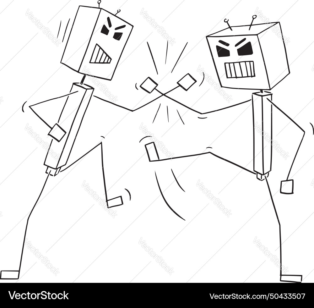 Robots fighting cartoon stick figure Royalty Free Vector