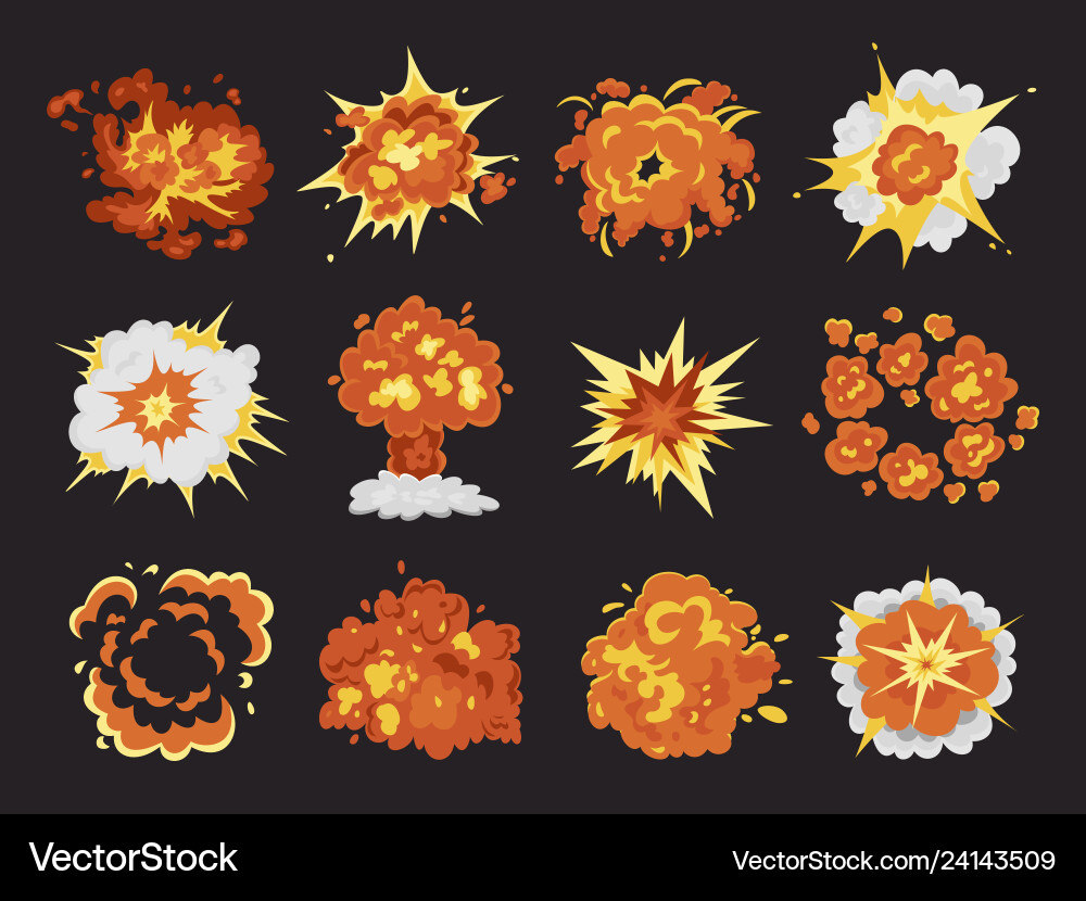 Bomb explosion and fire bang cartoon set Vector Image