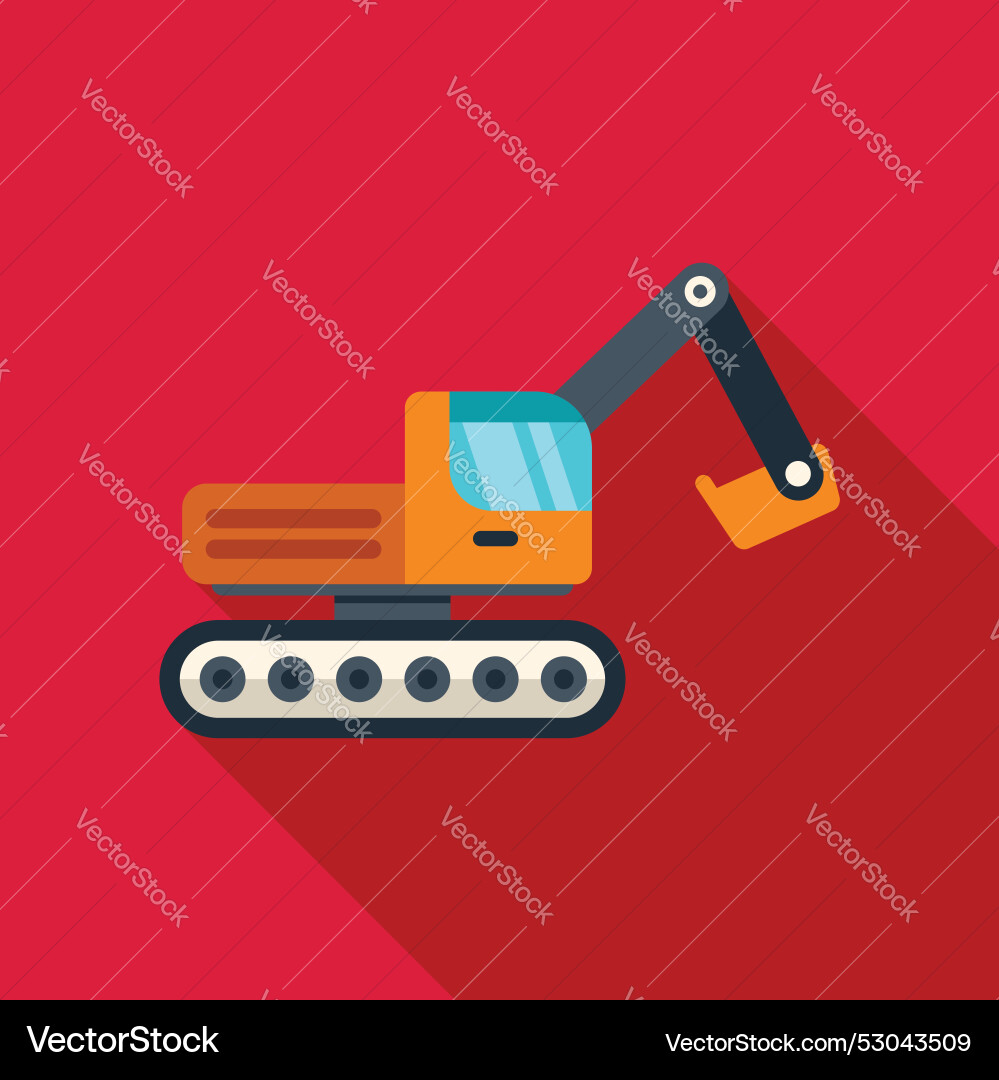 Orange excavator digging with long shadow on red Vector Image