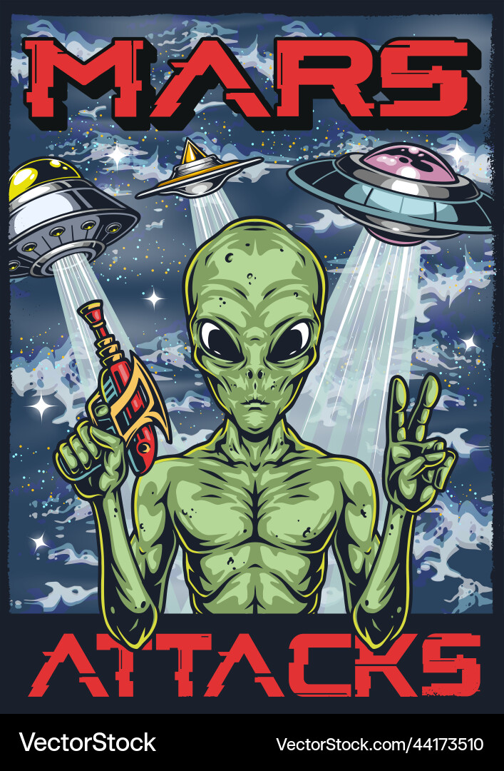 Mars attacks flyer vintage colorful Royalty Free Vector