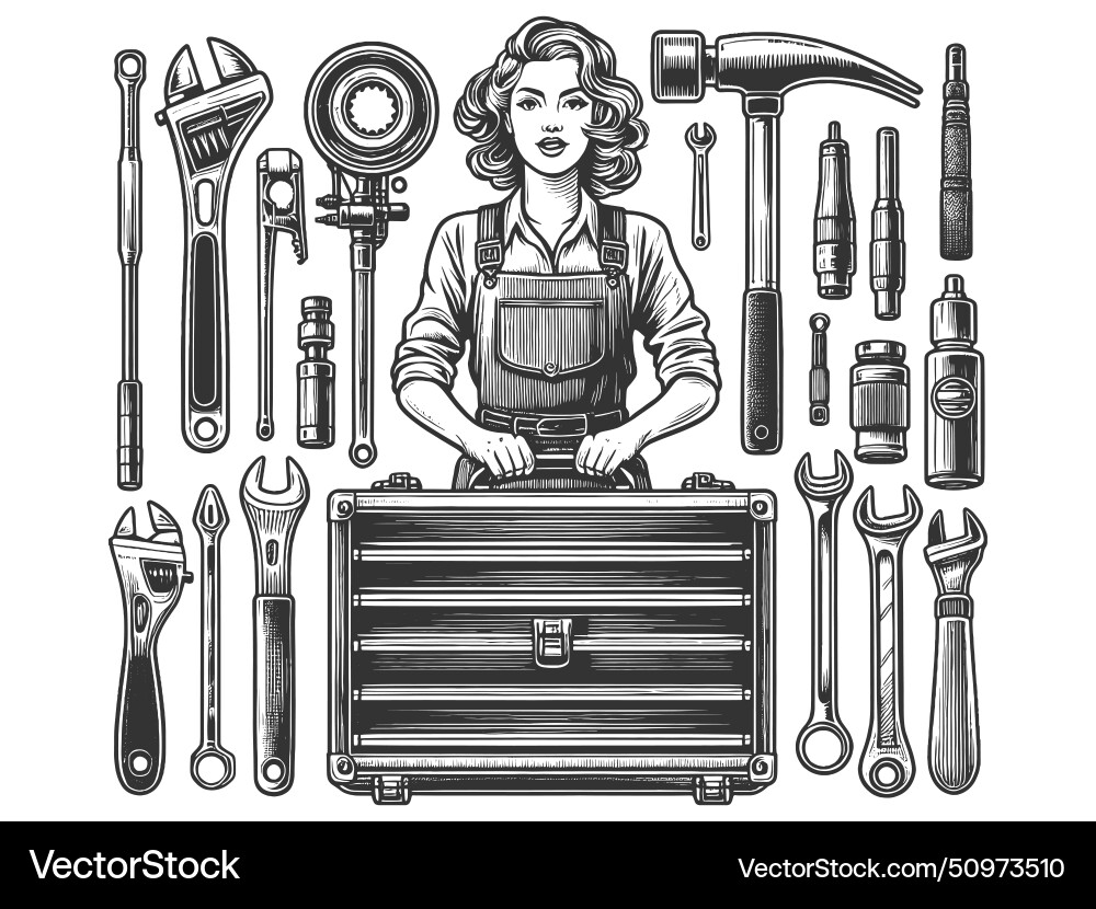 Mechanic woman with toolbox tools sketch Vector Image