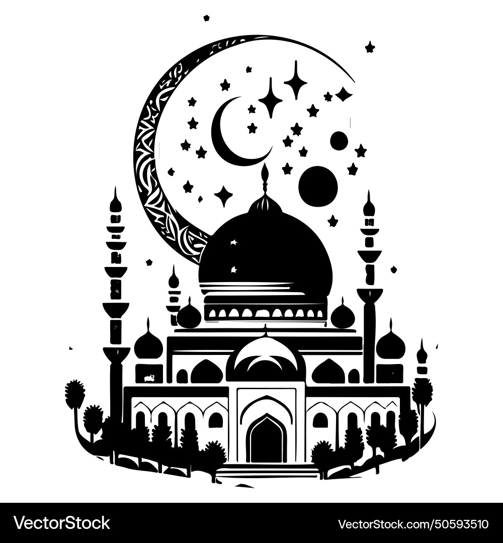Ramadan kareem moon mosque sketch draw Royalty Free Vector