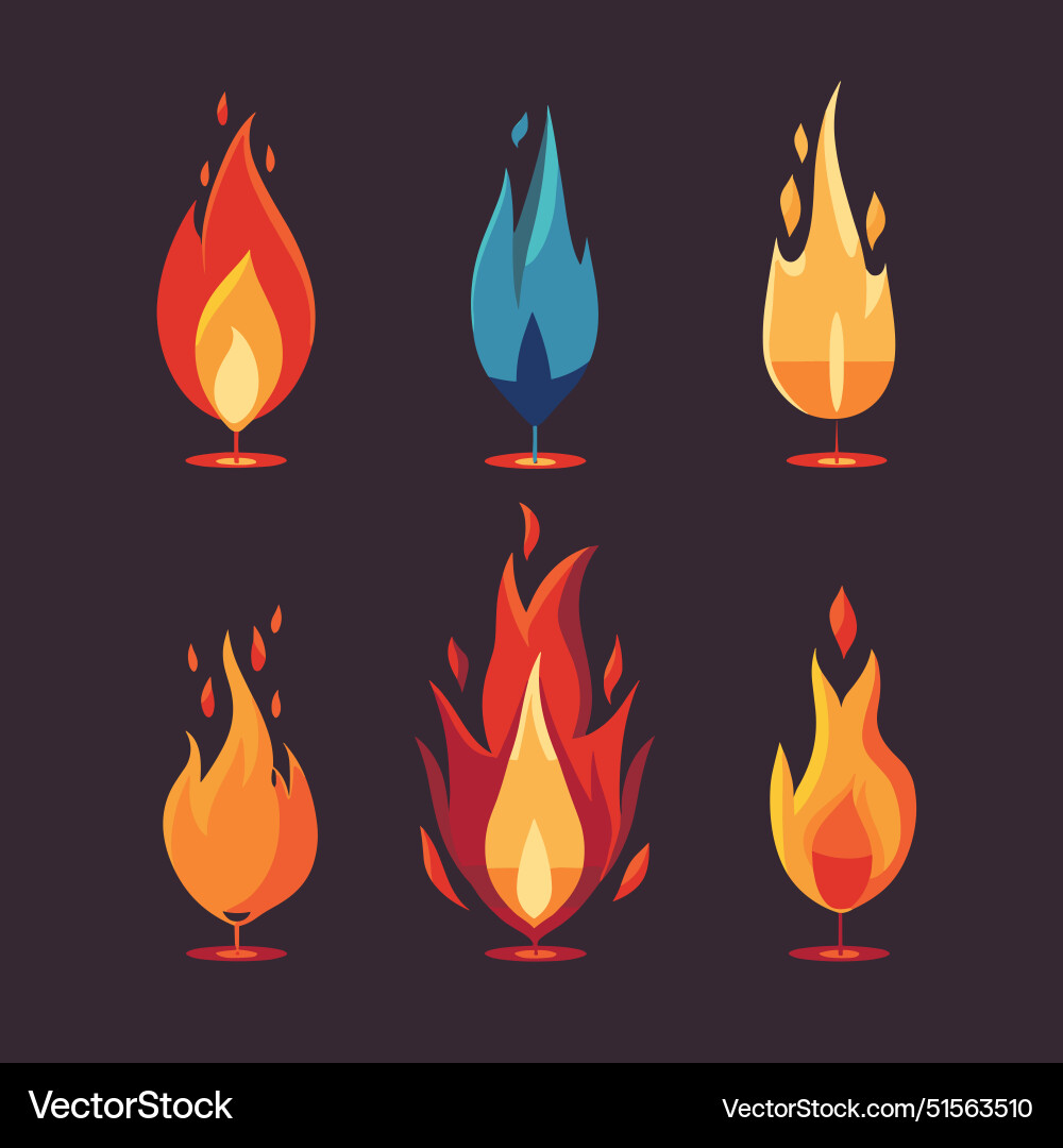 Six different stylized fire flames colorful Vector Image
