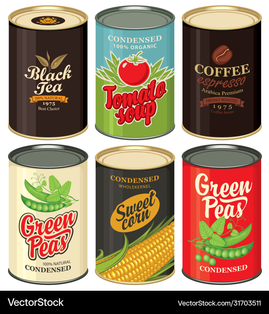 Set a tin cans with labels Royalty Free Vector Image