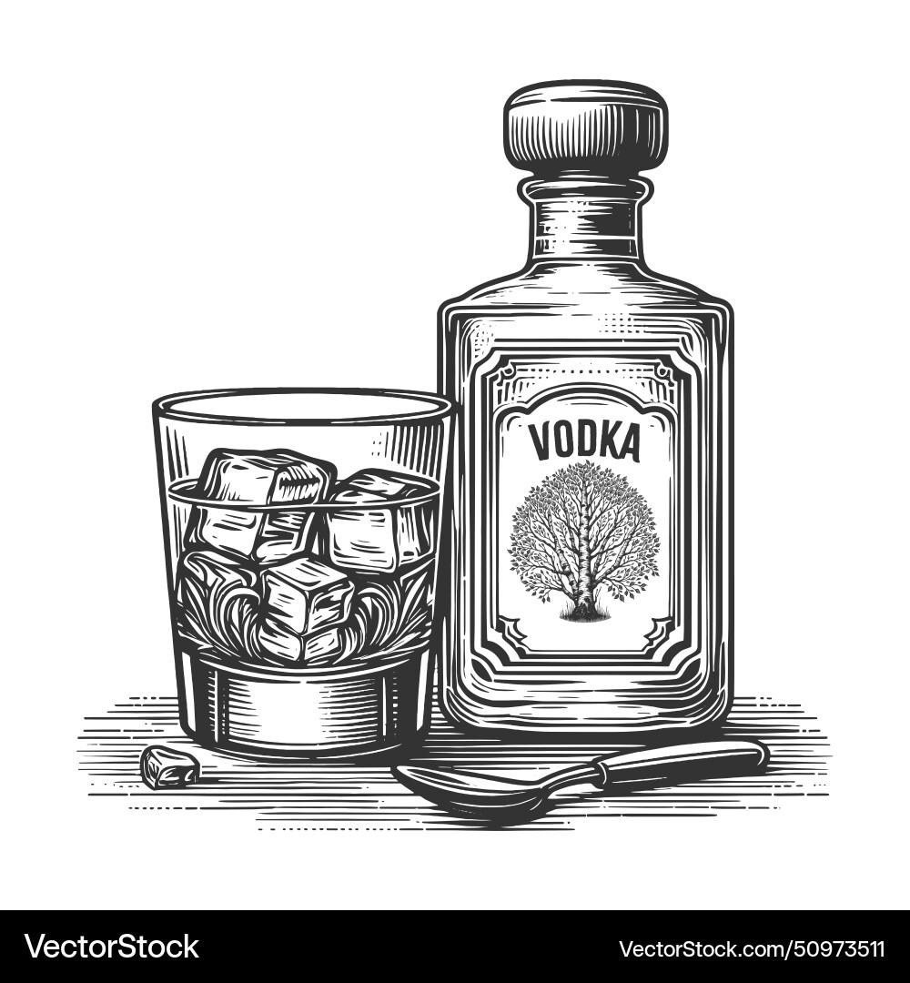 Vodka bottle and glass engraving sketch Royalty Free Vector