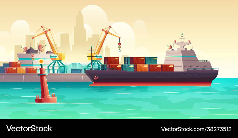 Cargo ship loading in port cartoon Royalty Free Vector Image