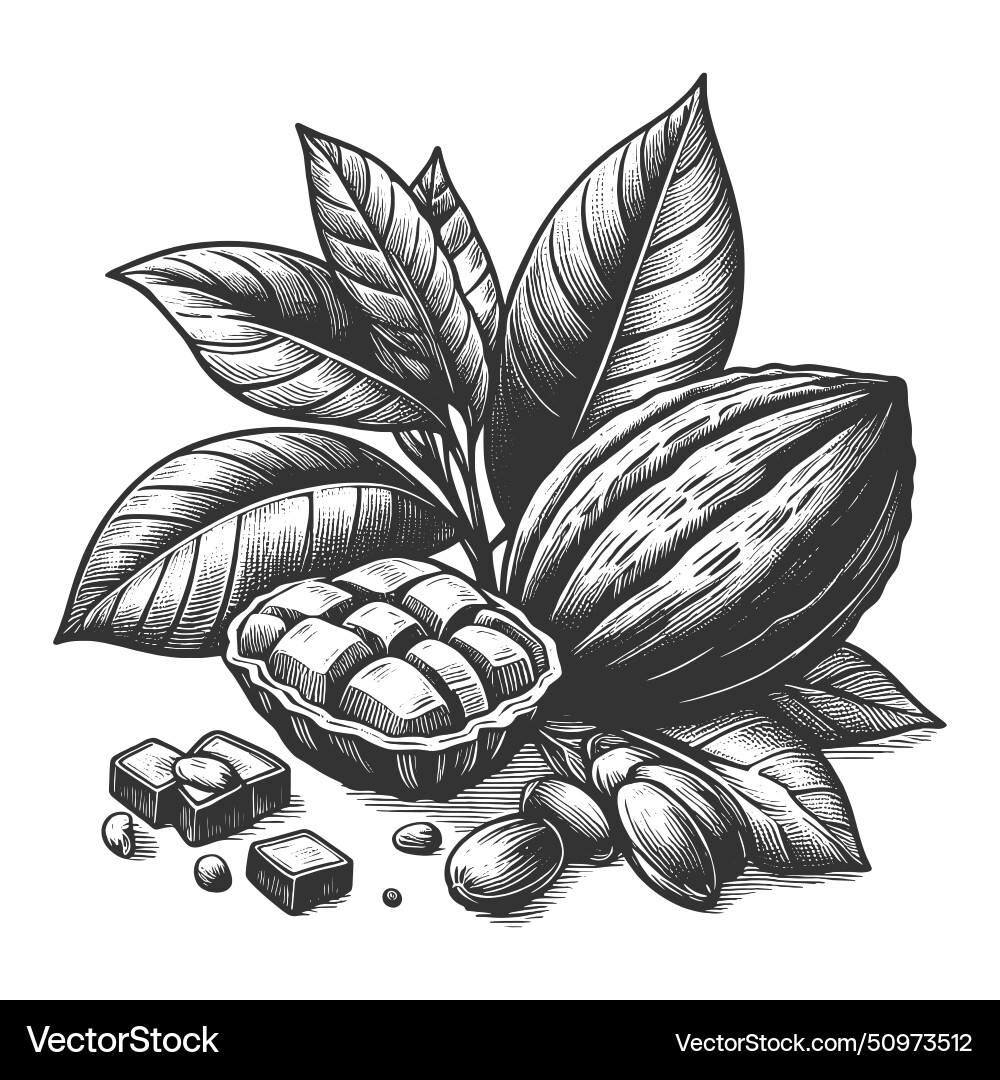 Cocoa pods and chocolate bar sketch Royalty Free Vector