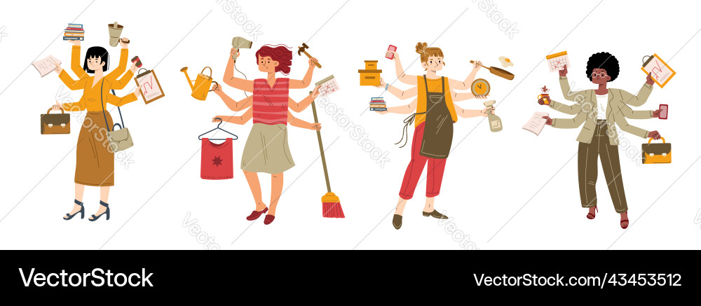 Multitasking women doing many tasks cartoon set Vector Image