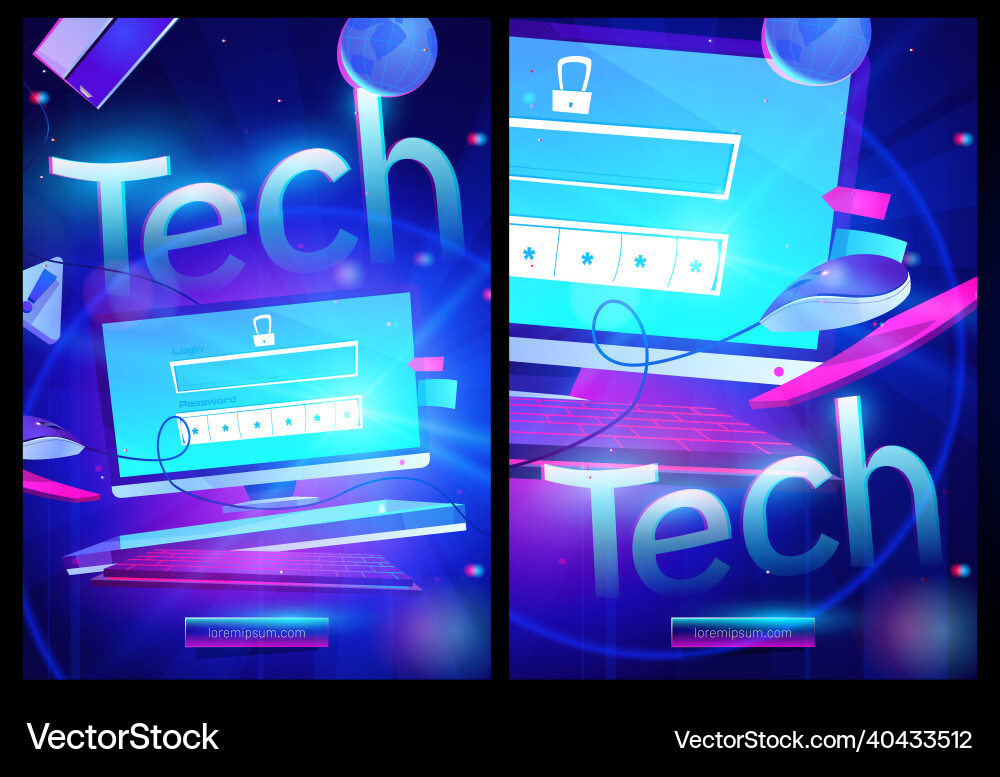 Tech cartoon poster computer desktop with password