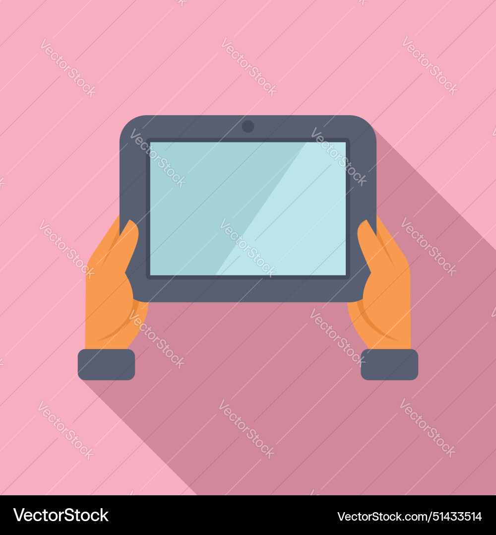 Hands holding tablet on pink background Royalty Free Vector