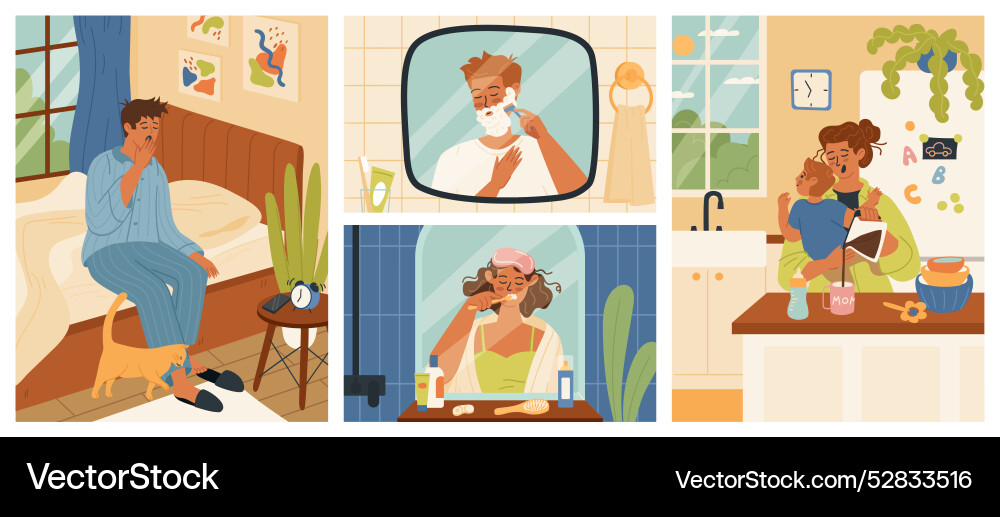 Diverse sleepy people morning routine scene set Vector Image