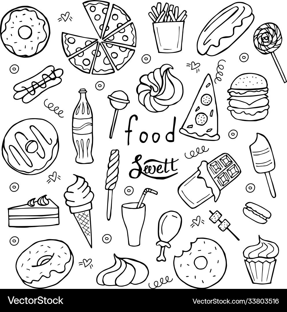 Set fast food in doodle Royalty Free Vector Image