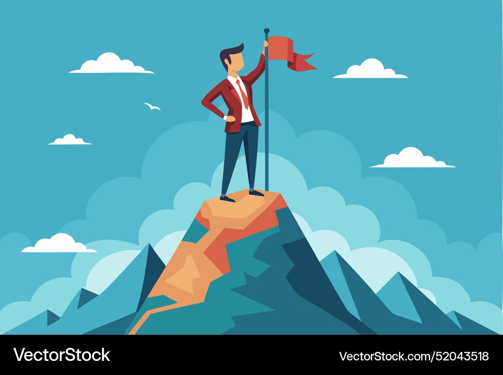 Businessman conquering mountain peak Royalty Free Vector
